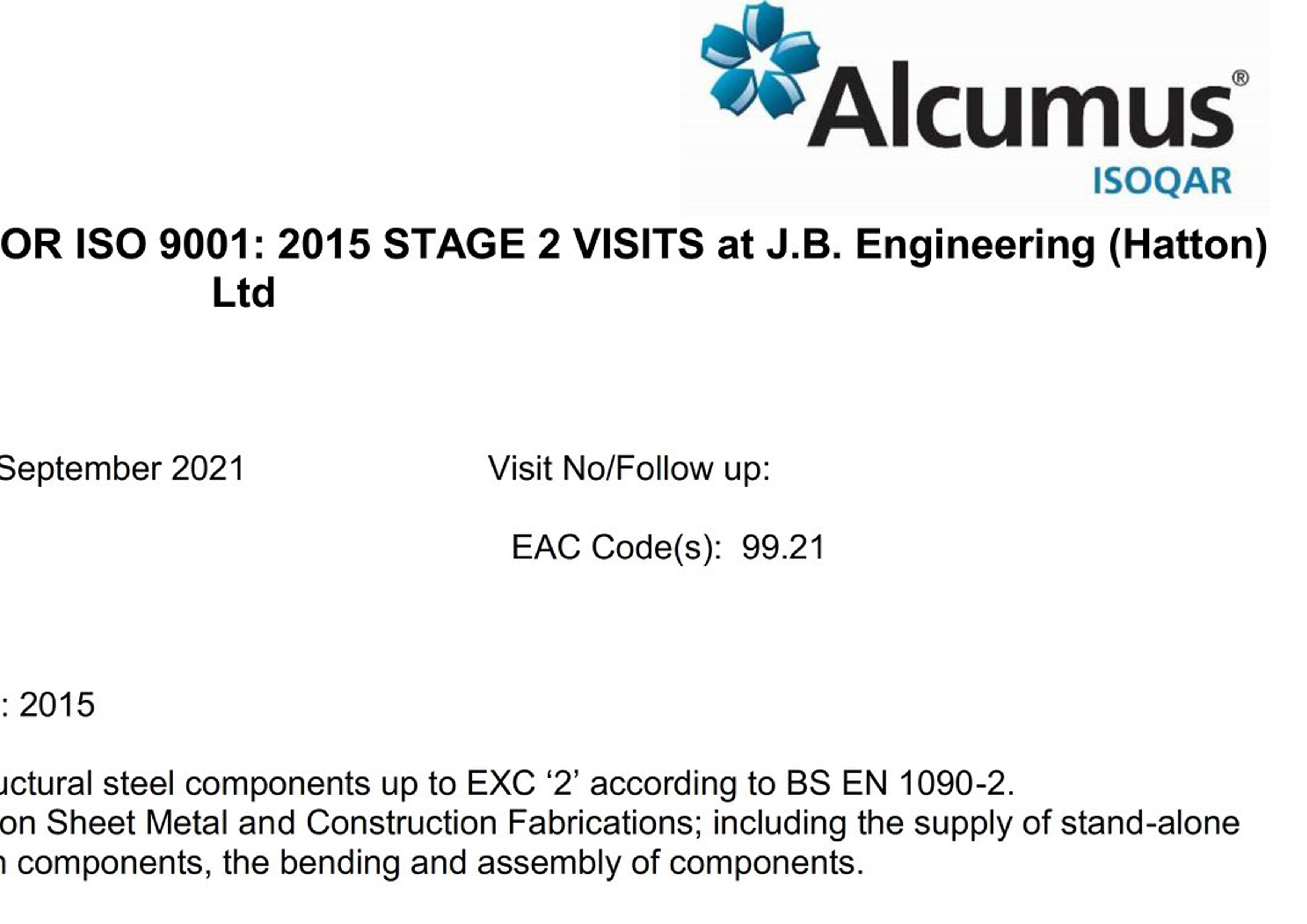 Quality management registration - JB Engineering Hatton Ltd