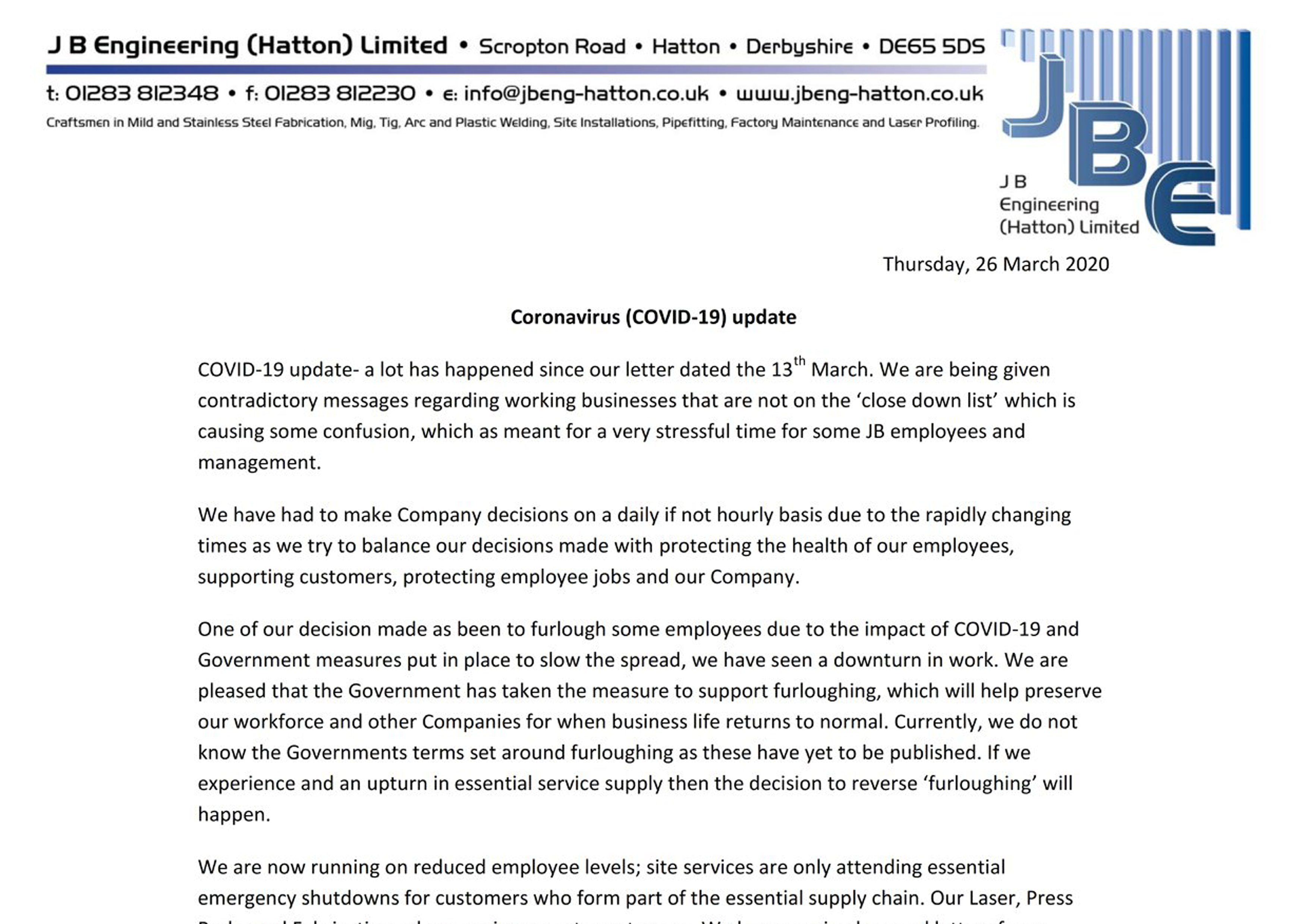 Covid update- 26.03.2020 - JB Engineering Hatton Ltd