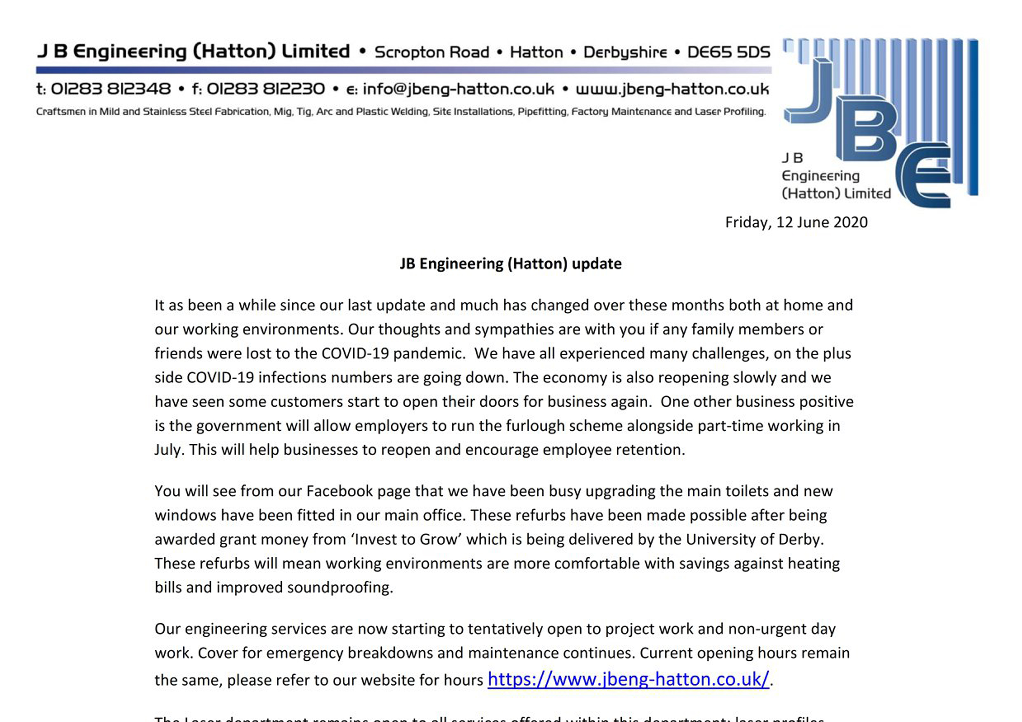 Covid update- 12.06.2020 - JB Engineering Hatton Ltd